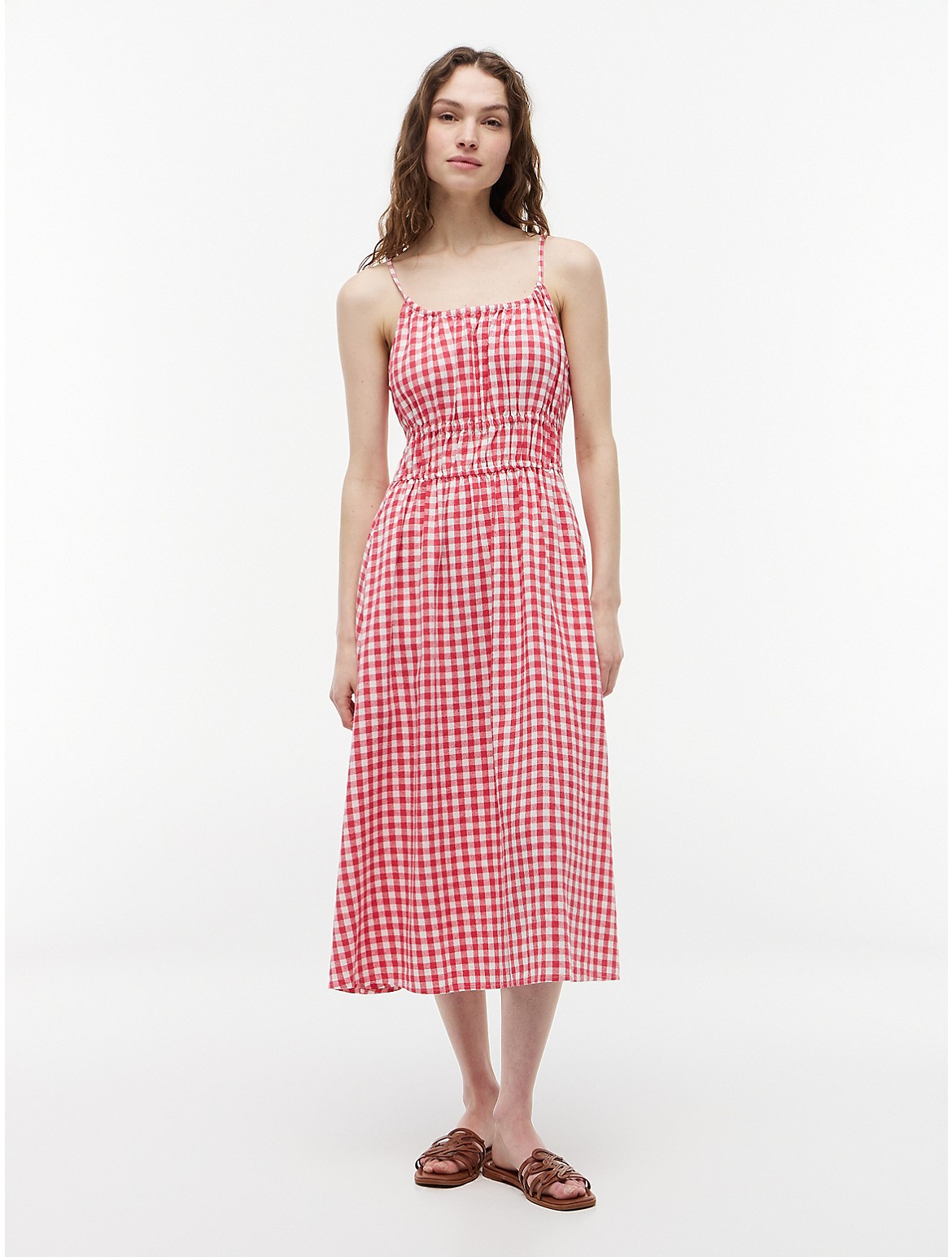 TOMMY HILFIGER Tommy Hilfiger Gingham Shirred Linen-Blend Midi Dress